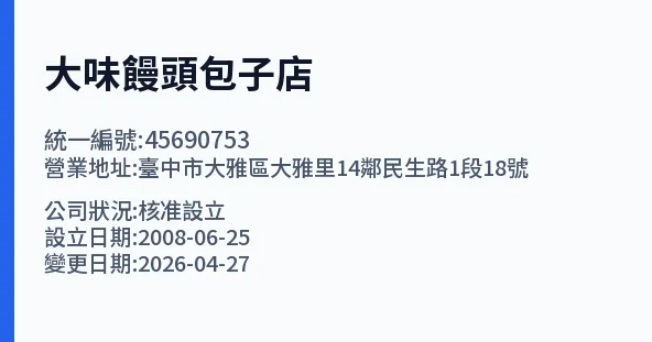 大味饅頭包子店的照片-統編 45690753(臺中市) 公司登記資料與營業項目詳細圖表