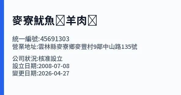 麥寮魷魚焿羊肉焿的照片-統編 45691303(雲林縣) 公司登記資料與營業項目詳細圖表