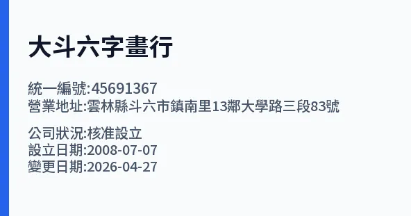 大斗六字畫行的照片-統編 45691367(雲林縣) 公司登記資料與營業項目詳細圖表