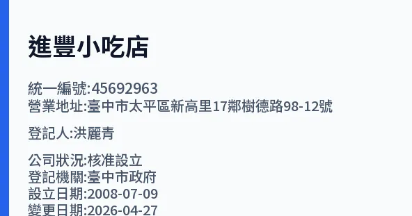 進豐小吃店的照片-統編 45692963(臺中市) 公司登記資料與營業項目詳細圖表