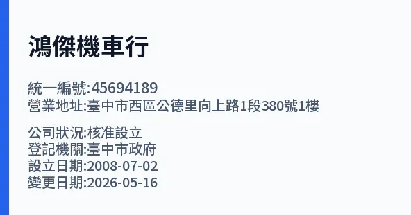 鴻傑機車行的照片-統編 45694189(臺中市) 公司登記資料與營業項目詳細圖表