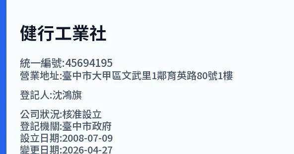 健行工業社的照片-統編 45694195(臺中市) 公司登記資料與營業項目詳細圖表