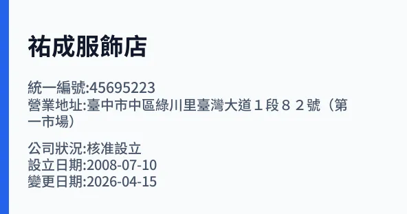 祐成服飾店的照片-統編 45695223(臺中市) 公司登記資料與營業項目詳細圖表