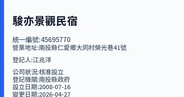 駿亦景觀民宿的照片-統編 45695770(南投縣) 公司登記資料與營業項目詳細圖表
