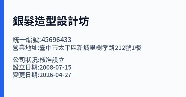 銀髮造型設計坊的照片-統編 45696433(臺中市) 公司登記資料與營業項目詳細圖表