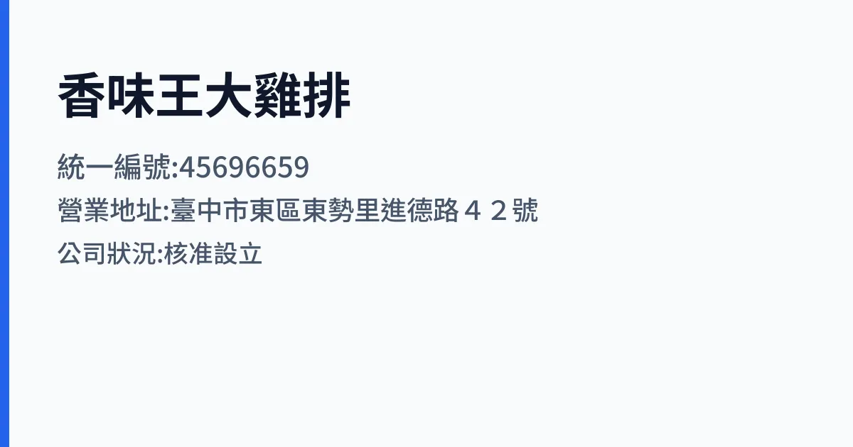 香味王大雞排 - 統編 45696659(臺中市) 公司登記資料與營業項目詳細圖表