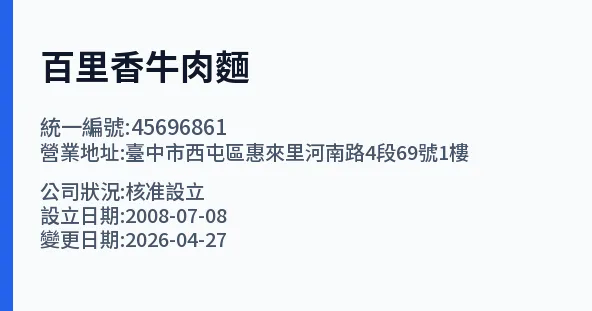百里香牛肉麵的照片-統編 45696861(臺中市) 公司登記資料與營業項目詳細圖表