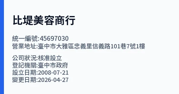比堤美容商行的照片-統編 45697030(臺中市) 公司登記資料與營業項目詳細圖表