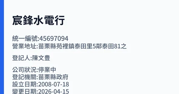 宸鋒水電行 - 統編 45697094(苗栗縣) 公司登記資料與營業項目詳細圖表