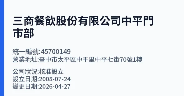 三商餐飲股份有限公司中平門市部的照片-統編 45700149(臺中市) 公司登記資料與營業項目詳細圖表
