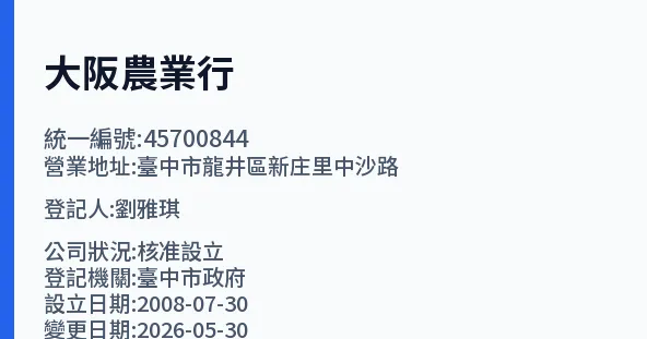 大阪農業行的照片-統編 45700844(臺中市) 公司登記資料與營業項目詳細圖表
