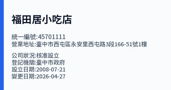 福田居小吃店的照片-統編 45701111(臺中市) 公司登記資料與營業項目詳細圖表