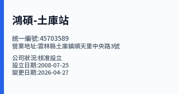 鴻碩-土庫站的照片-統編 45703589(雲林縣) 公司登記資料與營業項目詳細圖表