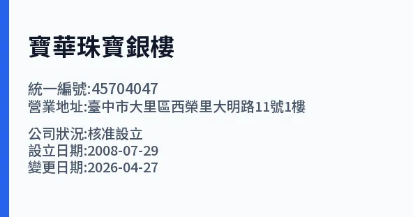 寶華珠寶銀樓的照片-統編 45704047(臺中市) 公司登記資料與營業項目詳細圖表