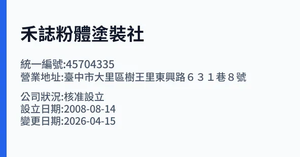 禾誌粉體塗裝社的照片-統編 45704335(臺中市) 公司登記資料與營業項目詳細圖表