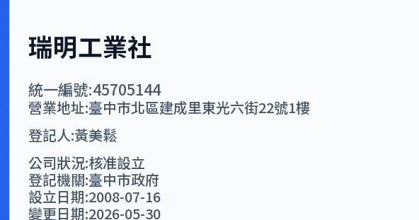 瑞明工業社的照片-統編 45705144(臺中市) 公司登記資料與營業項目詳細圖表