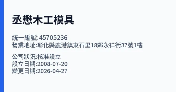 丞懋木工模具的照片-統編 45705236(彰化縣) 公司登記資料與營業項目詳細圖表