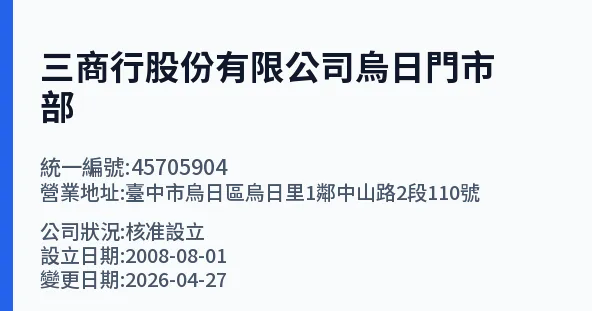三商行股份有限公司烏日門市部的照片-統編 45705904(臺中市) 公司登記資料與營業項目詳細圖表