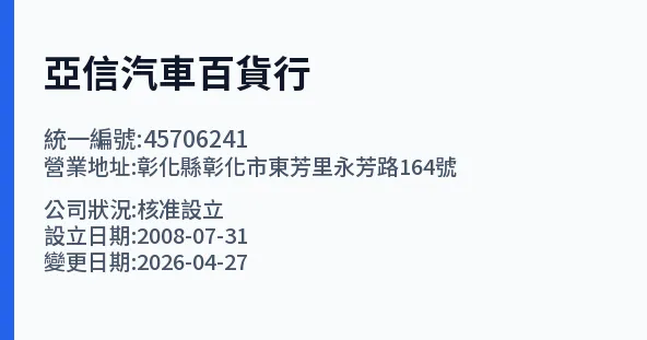 亞信汽車百貨行的照片-統編 45706241(彰化縣) 公司登記資料與營業項目詳細圖表