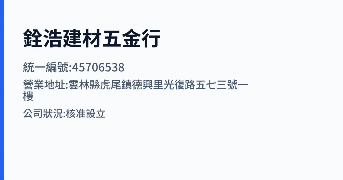 銓浩建材五金行 - 統編 45706538(雲林縣) 公司登記資料與營業項目詳細圖表