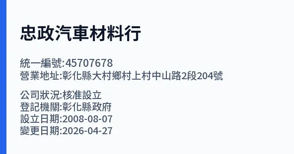 忠政汽車材料行的照片-統編 45707678(彰化縣) 公司登記資料與營業項目詳細圖表