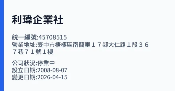 利瑋企業社的照片-統編 45708515(臺中市) 公司登記資料與營業項目詳細圖表