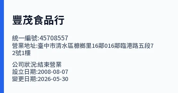 豐茂食品行的照片-統編 45708557(臺中市) 公司登記資料與營業項目詳細圖表