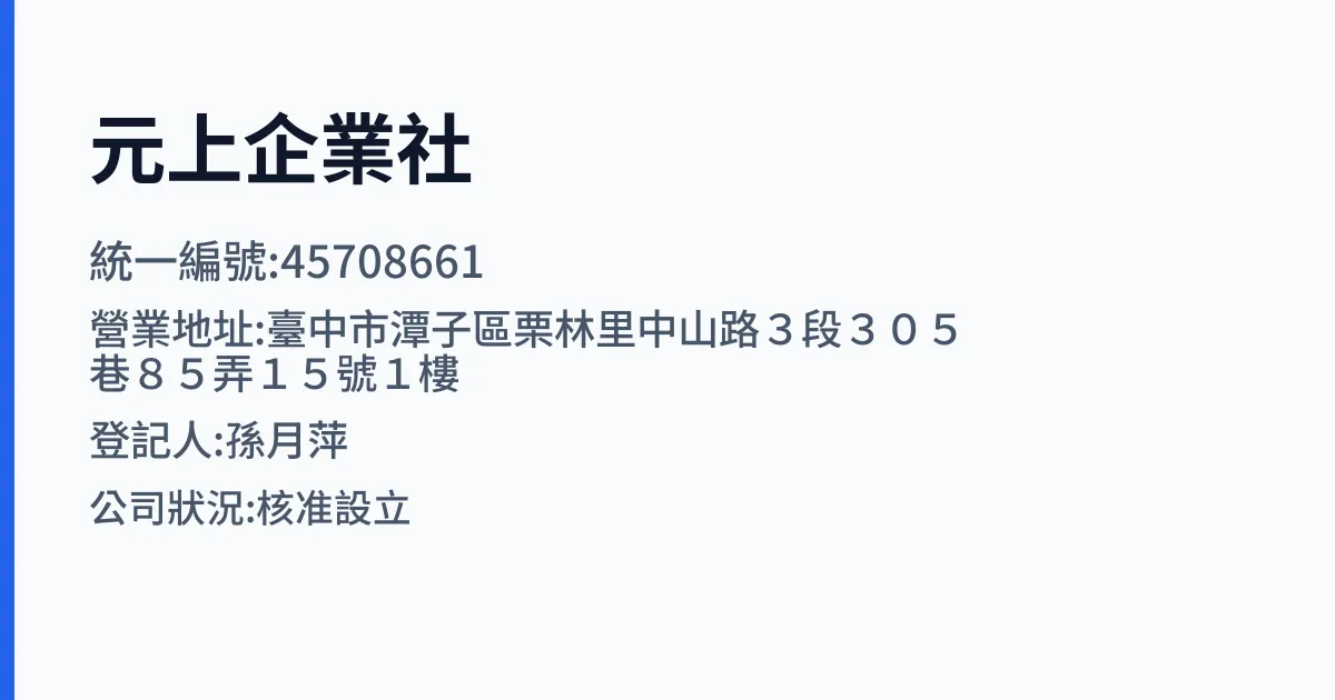 元上企業社 - 統編 45708661（臺中市） 公司登記資料與營業項目詳細圖表