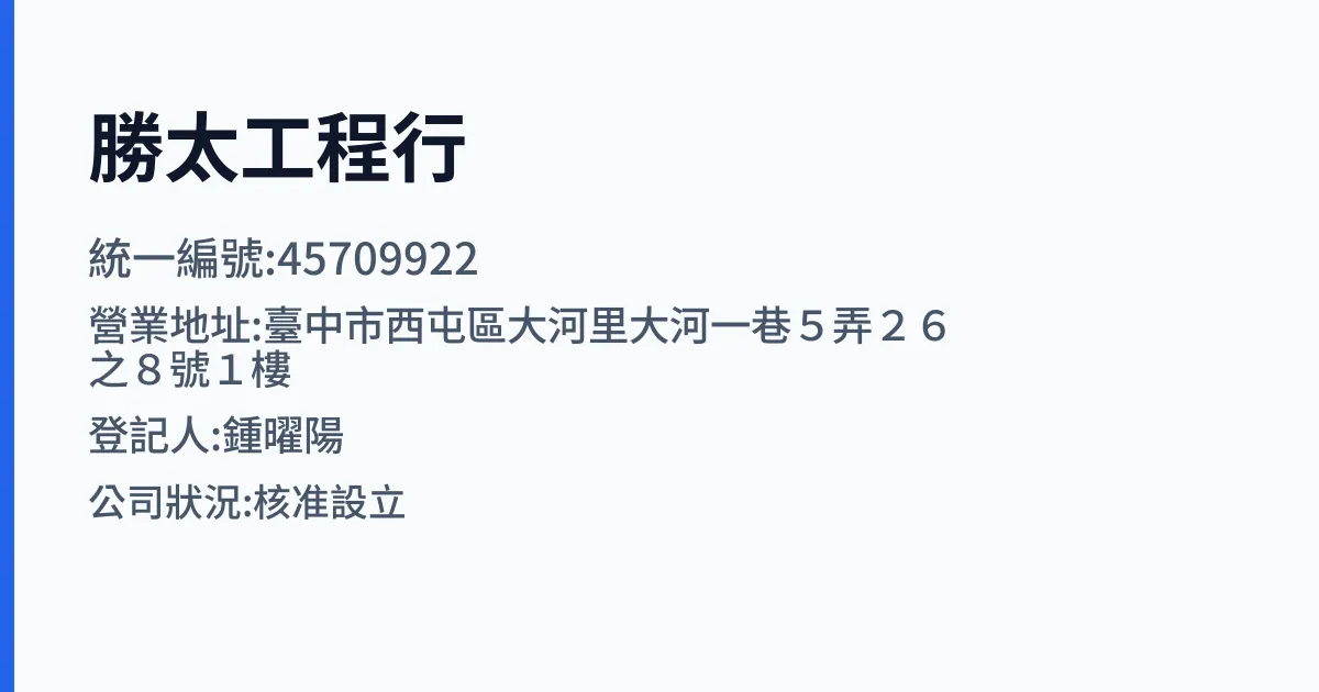 勝太工程行 - 統編 45709922(臺中市) 公司登記資料與營業項目詳細圖表