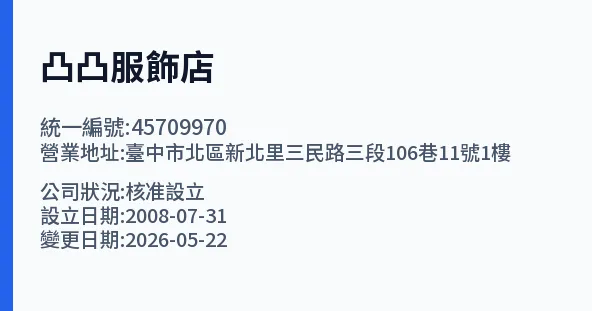 凸凸服飾店的照片-統編 45709970(臺中市) 公司登記資料與營業項目詳細圖表
