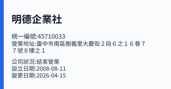 明德企業社的照片-統編 45710033(臺中市) 公司登記資料與營業項目詳細圖表