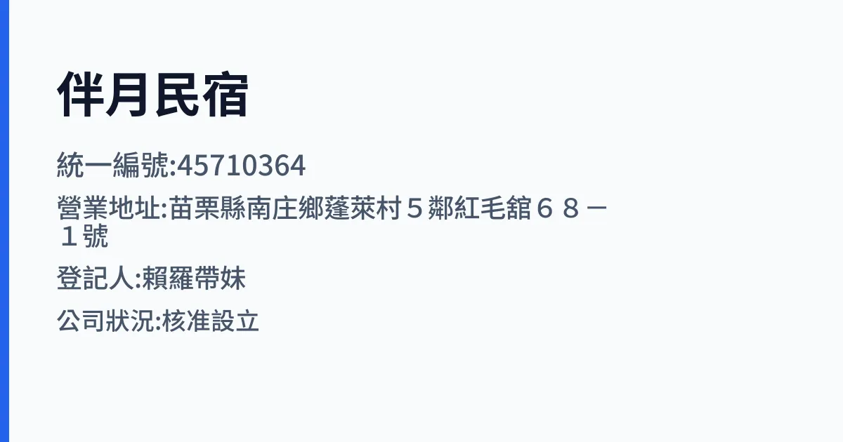 伴月民宿 - 統編 45710364(苗栗縣) 公司登記資料與營業項目詳細圖表