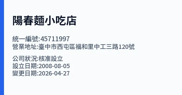 陽春麵小吃店的照片-統編 45711997(臺中市) 公司登記資料與營業項目詳細圖表