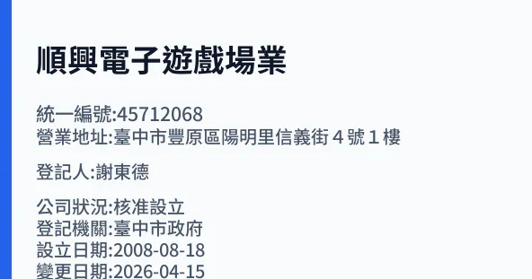 順興電子遊戲場業的照片-統編 45712068(臺中市) 公司登記資料與營業項目詳細圖表