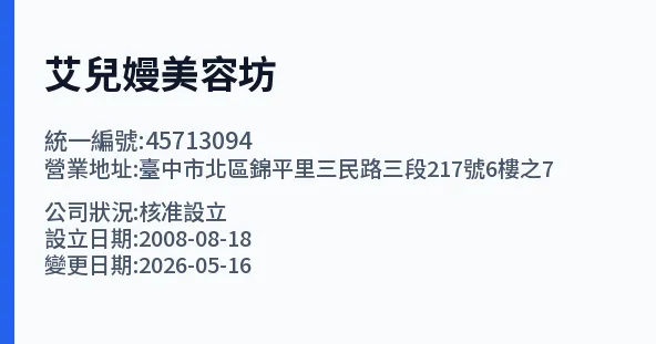 艾兒嫚美容坊的照片-統編 45713094(臺中市) 公司登記資料與營業項目詳細圖表