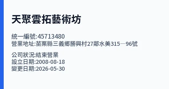 天聚雲拓藝術坊的照片-統編 45713480(苗栗縣) 公司登記資料與營業項目詳細圖表