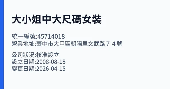 大小姐中大尺碼女裝的照片-統編 45714018(臺中市) 公司登記資料與營業項目詳細圖表