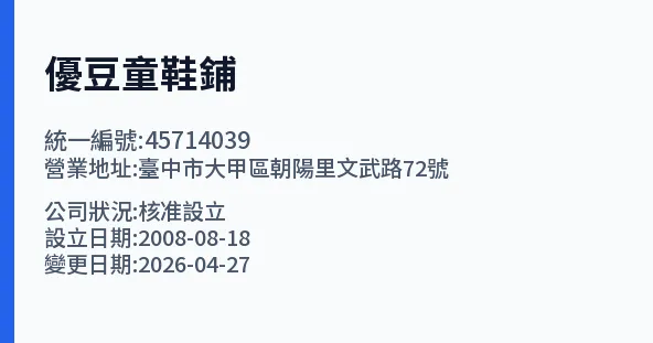優豆童鞋鋪的照片-統編 45714039(臺中市) 公司登記資料與營業項目詳細圖表