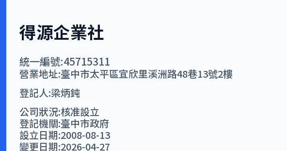 得源企業社的照片-統編 45715311(臺中市) 公司登記資料與營業項目詳細圖表