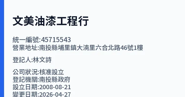 文美油漆工程行的照片-統編 45715543(南投縣) 公司登記資料與營業項目詳細圖表