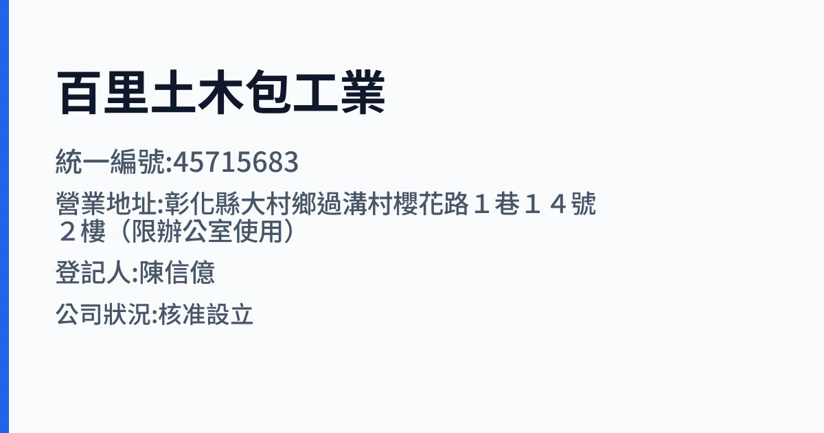 百里土木包工業 - 統編 45715683(彰化縣) 公司登記資料與營業項目詳細圖表