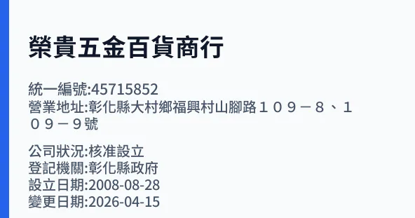 榮貴五金百貨商行 - 統編 45715852(彰化縣) 公司登記資料與營業項目詳細圖表
