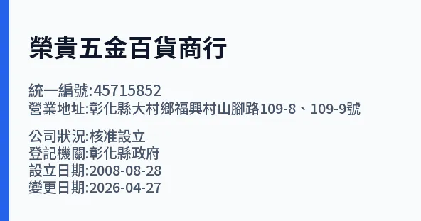 榮貴五金百貨商行的照片-統編 45715852(彰化縣) 公司登記資料與營業項目詳細圖表