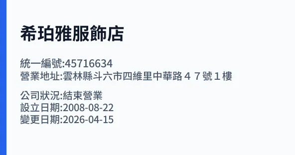 希珀雅服飾店的照片-統編 45716634(雲林縣) 公司登記資料與營業項目詳細圖表