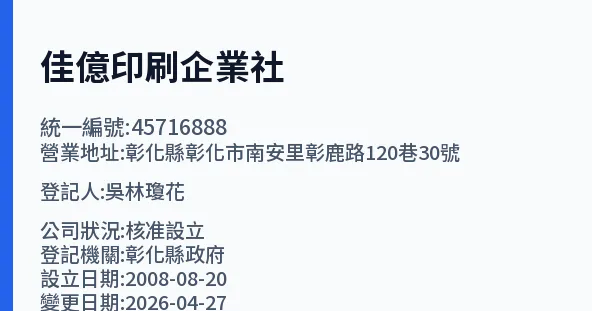 佳億印刷企業社的照片-統編 45716888(彰化縣) 公司登記資料與營業項目詳細圖表