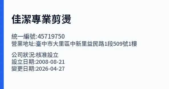 佳潔專業剪燙的照片-統編 45719750(臺中市) 公司登記資料與營業項目詳細圖表