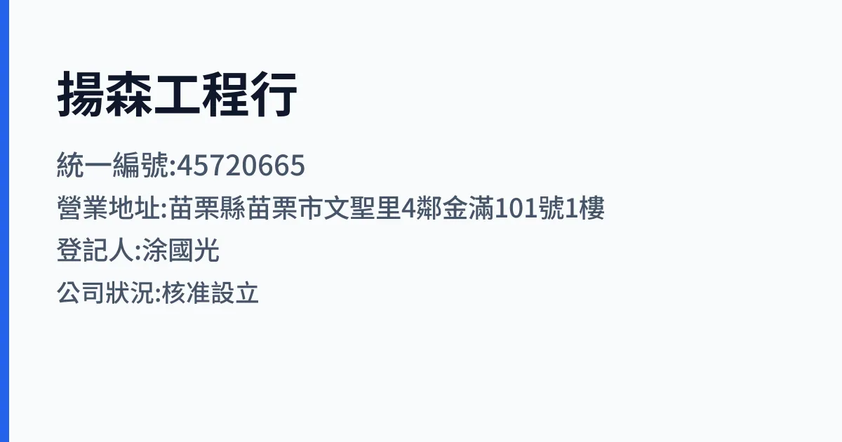 揚森工程行 - 統編 45720665(苗栗縣) 公司登記資料與營業項目詳細圖表