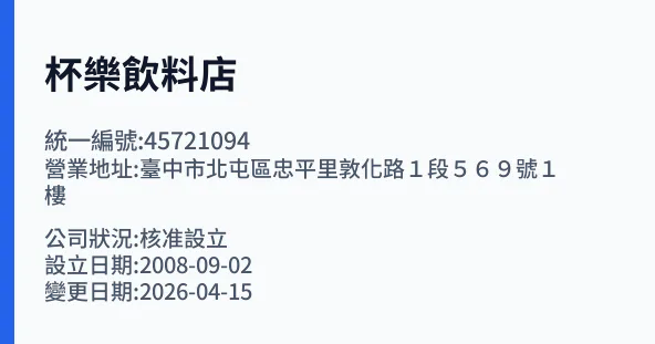 杯樂飲料店的照片-統編 45721094(臺中市) 公司登記資料與營業項目詳細圖表