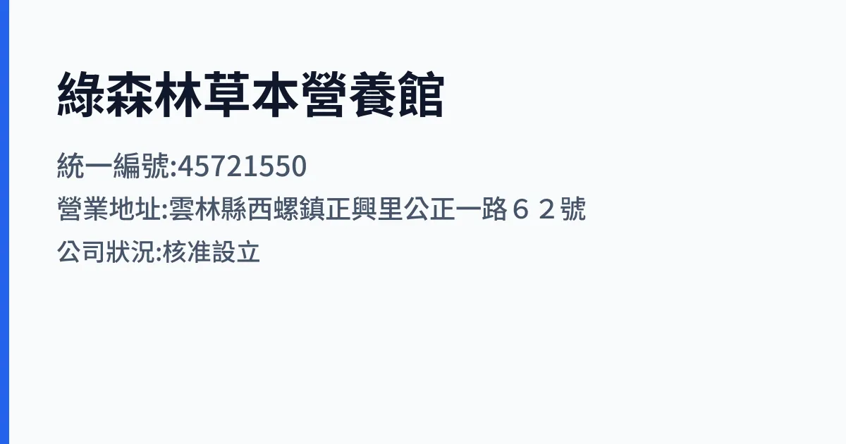 綠森林草本營養館 - 統編 45721550(雲林縣) 公司登記資料與營業項目詳細圖表