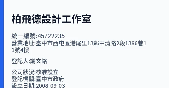 柏飛德設計工作室的照片-統編 45722235(臺中市) 公司登記資料與營業項目詳細圖表